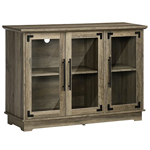 HOMCOM Farmhouse Sideboard, Buffet Cabinet with Glass Door, Credenza, Distressed Grey