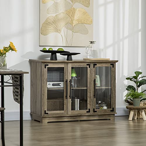 HOMCOM Farmhouse Sideboard, Buffet Cabinet with Glass Door, Credenza, Distressed Grey