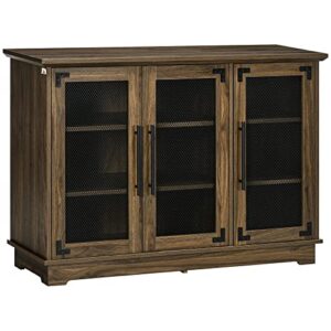 homcom farmhouse sideboard, buffet cabinet with adjustable shelves and wire mesh door, credenza, walnut