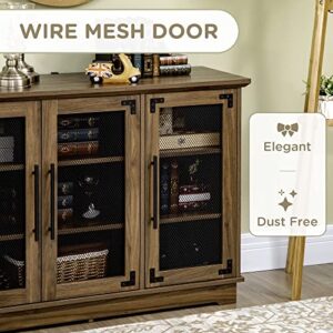 HOMCOM Farmhouse Sideboard, Buffet Cabinet with Adjustable Shelves and Wire Mesh Door, Credenza, Walnut