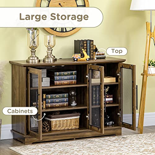 HOMCOM Farmhouse Sideboard, Buffet Cabinet with Adjustable Shelves and Wire Mesh Door, Credenza, Walnut