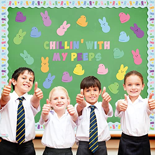 119Pcs Easter Chick Bunny Bulletin Board Decoration Cutouts Set Contain Chick, Bunny, Candy Bunny Chick Border with Characters About Easter Character Happy Easter and Classroom Decoration