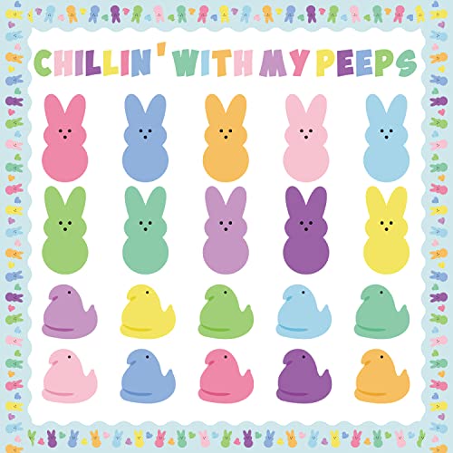 119Pcs Easter Chick Bunny Bulletin Board Decoration Cutouts Set Contain Chick, Bunny, Candy Bunny Chick Border with Characters About Easter Character Happy Easter and Classroom Decoration