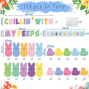 119Pcs Easter Chick Bunny Bulletin Board Decoration Cutouts Set Contain Chick, Bunny, Candy Bunny Chick Border with Characters About Easter Character Happy Easter and Classroom Decoration