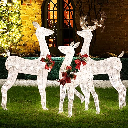 Shintenchi 3-Piece LED Lighted Christmas Deer Outdoor Yard Decorations, 3D Super Large Christmas Reindeer Decor, Outdoor Lighted Holiday Deer with 360 LED Displays for Front Yards Garden Lawn Patio