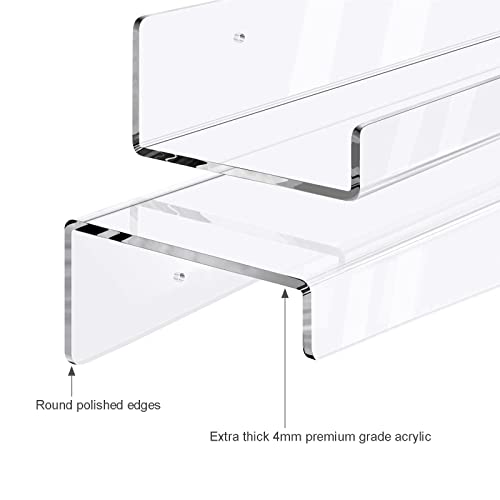 MAJOYLIFE 15 Inch Acrylic Floating Shelves,Clear Wall Mounted Book Shelf,Hanging Display Shelf for Bedroom Bathroom Living Room Office,Drilled and Self Adhesive (1 Pack)