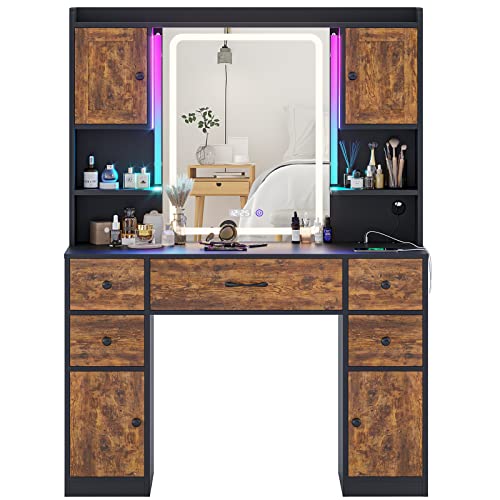 Tiptiper Makeup Vanity with Lights & Charging Station, Vanity Table with Time Display Mirror, Ambient Light, Storage Cabinets, Rustic Brown and Black