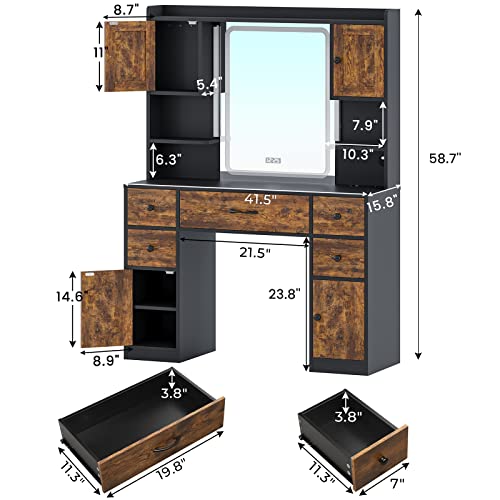 Tiptiper Makeup Vanity with Lights & Charging Station, Vanity Table with Time Display Mirror, Ambient Light, Storage Cabinets, Rustic Brown and Black