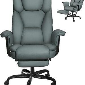 Toszn Reclining Executive Office Chair with Footrest, High Back Big and Tall Office Chair 400lbs Wide Seat 180° Backrest, Ergonomic Leather Managerial Desk Office Chair for Heavy People, Grey Green