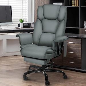 Toszn Reclining Executive Office Chair with Footrest, High Back Big and Tall Office Chair 400lbs Wide Seat 180° Backrest, Ergonomic Leather Managerial Desk Office Chair for Heavy People, Grey Green