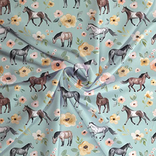 Mint Floral Wild Horses Printed Liverpool Bullet Fabric Textured Knit 4 Way Stretch - 6" Strip