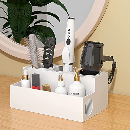 MAJOYLIFE Hair Tools Organizer Clear Acrylic Hair Dryer Holder Countertop Blow Dryer Stand Storage for Vanity Bathroom with 3 Cups (White)