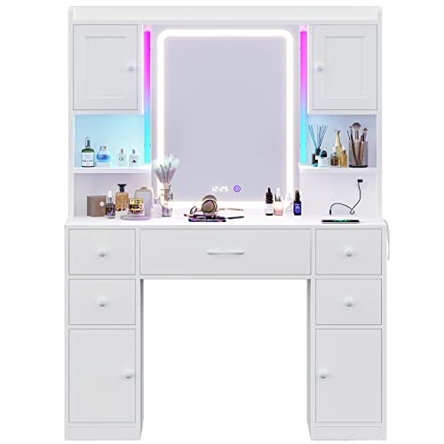 Tiptiper Large Vanity Desk with Mirror & Lights, Makeup Vanity with Lights & Charging Station, Vanity Table with Smart Mirror with Time Display, Makeup Table with 5 Drawers, White (V-L)