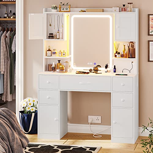 Tiptiper Large Vanity Desk with Mirror & Lights, Makeup Vanity with Lights & Charging Station, Vanity Table with Smart Mirror with Time Display, Makeup Table with 5 Drawers, White (V-L)