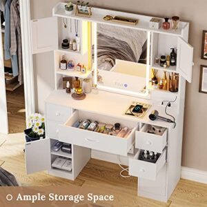 Tiptiper Large Vanity Desk with Mirror & Lights, Makeup Vanity with Lights & Charging Station, Vanity Table with Smart Mirror with Time Display, Makeup Table with 5 Drawers, White (V-L)