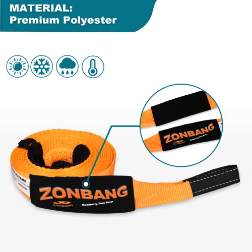 Tow Strap, 3in x 8ft Recovery Tow Straps, 30000LBS Break Strength (Lab Tested) Heavy Duty ATV Snowmobil Tow Strap by ZONBANG