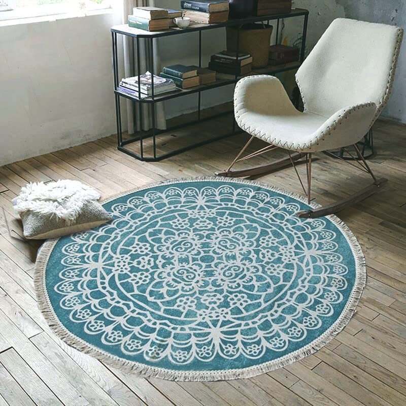 LIULA Round Cotton Rug Woven Tassel Throw Rug Washable Area Rug for Living Room Bedroom Kitchen Bathroom (3ft Round-Light Blue)