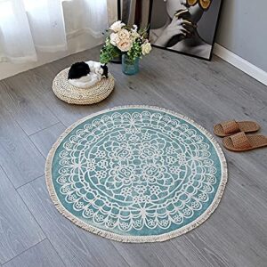 LIULA Round Cotton Rug Woven Tassel Throw Rug Washable Area Rug for Living Room Bedroom Kitchen Bathroom (3ft Round-Light Blue)