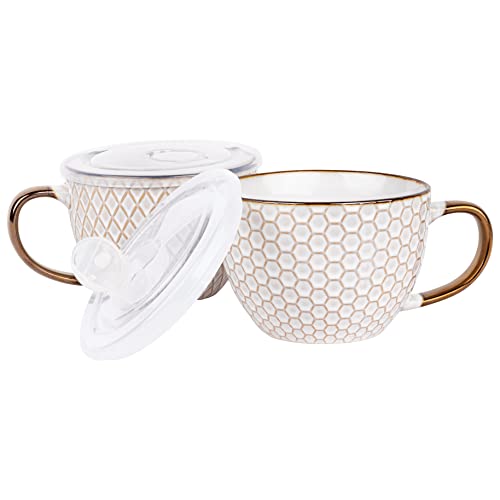 KooK Ceramic Soup Mugs, Embossed, with Handle and Vented Plastic Lid, Microwave and Dishwasher Safe Travel Cups, Cream with Dark Copper Accents, 18 oz, Set of 2, Narbonne Collection