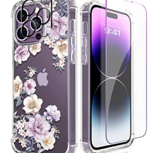 ROSEPARROT Designed for iPhone 14 pro max Case with Tempered Glass Screen Protector + Camera Lens Protector, Clear with Floral Pattern Design, Shockproof Protective Cover （Anemone Blooms）