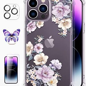 ROSEPARROT Designed for iPhone 14 pro max Case with Tempered Glass Screen Protector + Camera Lens Protector, Clear with Floral Pattern Design, Shockproof Protective Cover （Anemone Blooms）