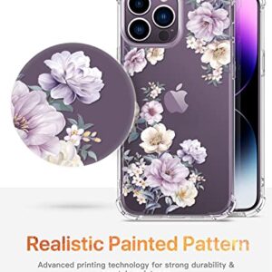 ROSEPARROT Designed for iPhone 14 pro max Case with Tempered Glass Screen Protector + Camera Lens Protector, Clear with Floral Pattern Design, Shockproof Protective Cover （Anemone Blooms）