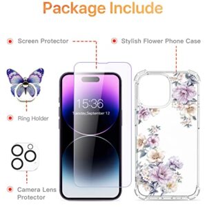 ROSEPARROT Designed for iPhone 14 pro max Case with Tempered Glass Screen Protector + Camera Lens Protector, Clear with Floral Pattern Design, Shockproof Protective Cover （Anemone Blooms）