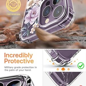 ROSEPARROT Designed for iPhone 14 pro max Case with Tempered Glass Screen Protector + Camera Lens Protector, Clear with Floral Pattern Design, Shockproof Protective Cover （Anemone Blooms）