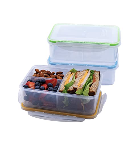 Kitchen & Cabana Set of 3 - Bento Lunch Boxes (3 Removable Compartments) - Snap Shut & Lock Closed, Leak Proof Food Containers, Multi-Colored. Perfect for Work, Travel and Anytime You're on the Go.