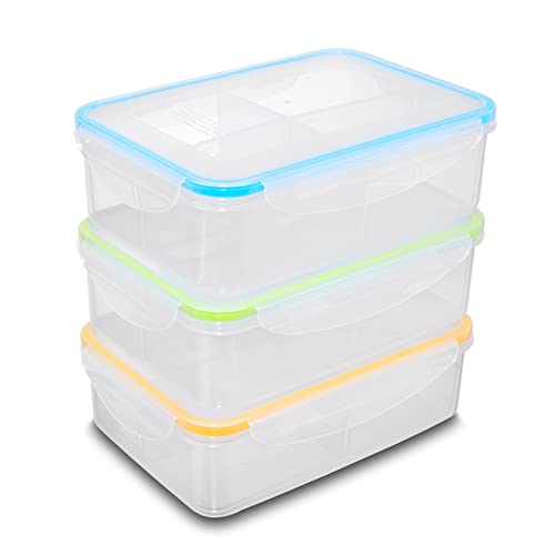 Kitchen & Cabana Set of 3 - Bento Lunch Boxes (3 Removable Compartments) - Snap Shut & Lock Closed, Leak Proof Food Containers, Multi-Colored. Perfect for Work, Travel and Anytime You're on the Go.