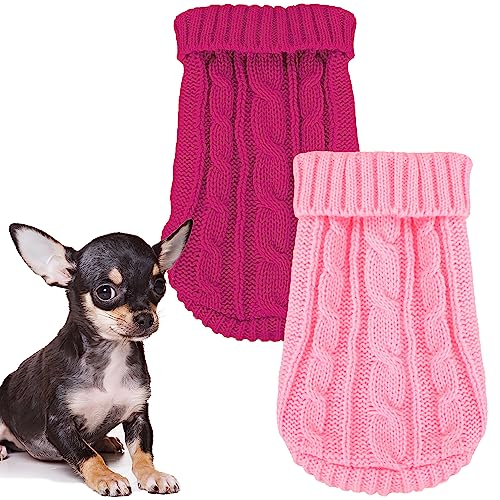 Set of 2 Dog Clothes for Small Dogs Girl Boy Turtleneck Knitted Chihuahua Sweater, Girl Dog Clothes, Red Cute Pet Knitwear Sweaters Soft Puppy Cold Weather Outfits Doggie Cat Clothing (XX-Small)