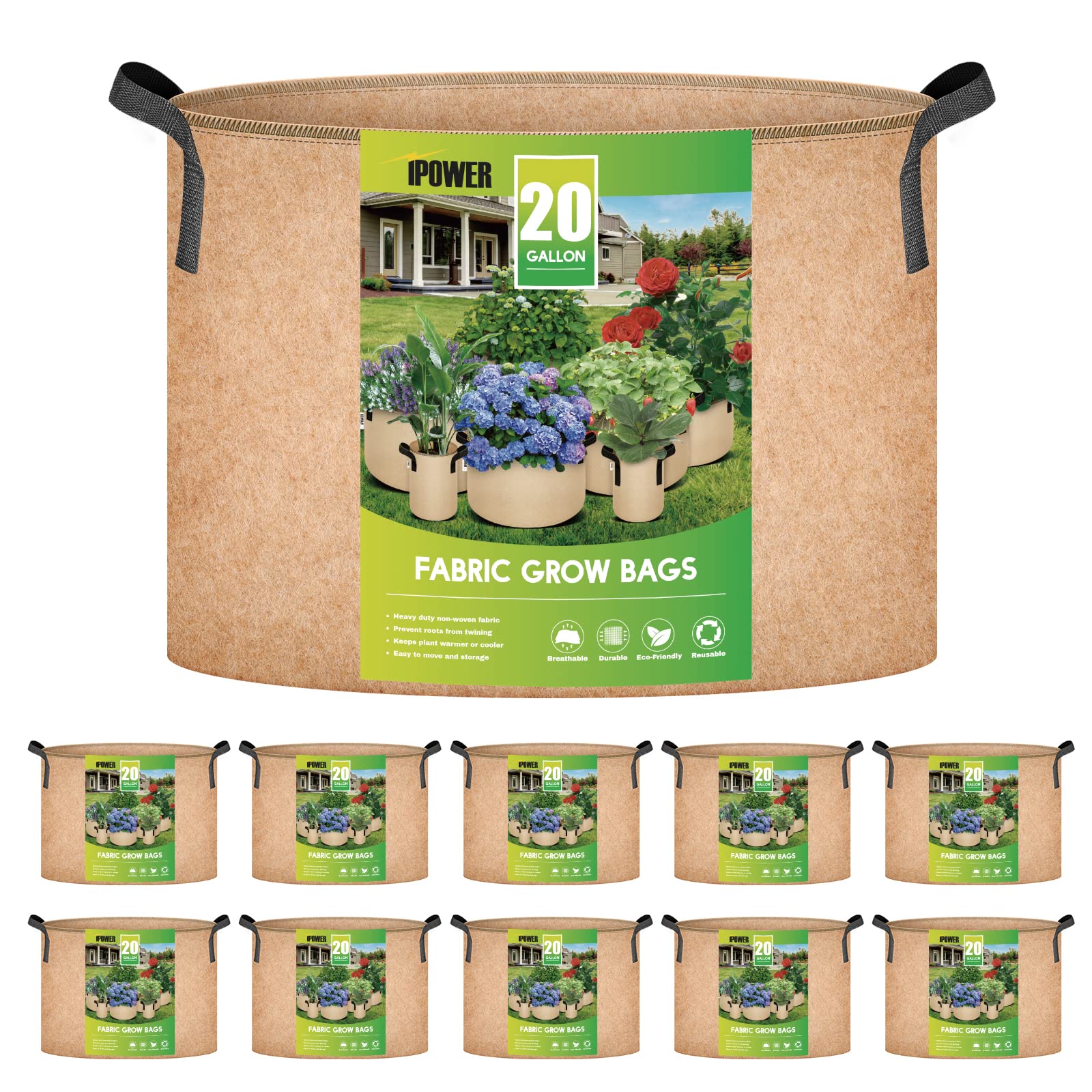 iPower 10-Pack 20 Gallon Aeration Grow Bags Thick Nonwoven Fabric Pots with Handles, for Fruits, Vegetables, and Flowers, Tan