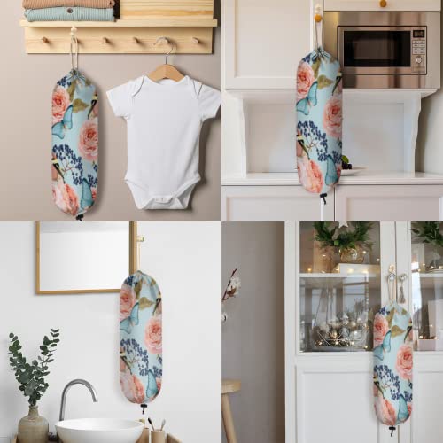 Flowers Large Grocery Bag Holder, Plants Butterfly Bird Plastic Bag Organizer with Hanging Loop Washable Grocery Bag Storage Dispenser for Home Kitchen Office Travelling Pantry Decor