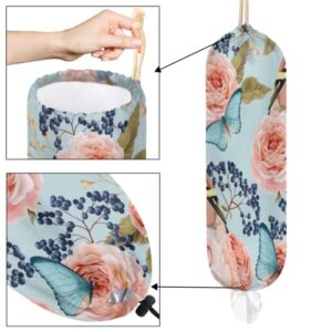 Flowers Large Grocery Bag Holder, Plants Butterfly Bird Plastic Bag Organizer with Hanging Loop Washable Grocery Bag Storage Dispenser for Home Kitchen Office Travelling Pantry Decor