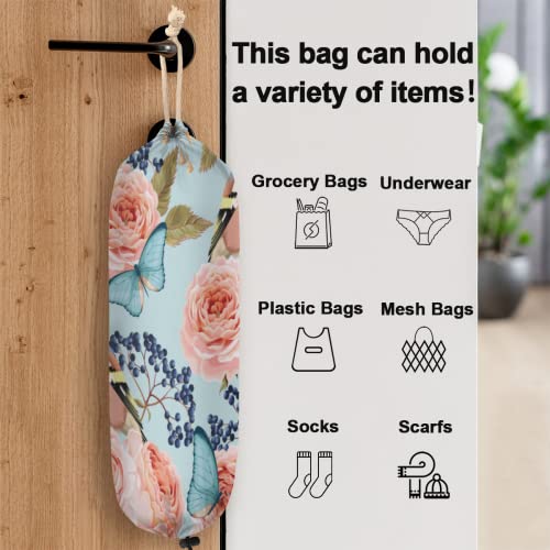 Flowers Large Grocery Bag Holder, Plants Butterfly Bird Plastic Bag Organizer with Hanging Loop Washable Grocery Bag Storage Dispenser for Home Kitchen Office Travelling Pantry Decor