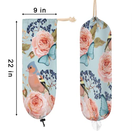 Flowers Large Grocery Bag Holder, Plants Butterfly Bird Plastic Bag Organizer with Hanging Loop Washable Grocery Bag Storage Dispenser for Home Kitchen Office Travelling Pantry Decor