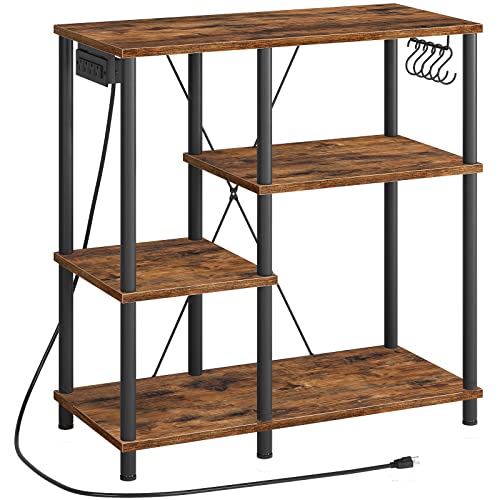 HOOBRO Bakers Rack with Power Outlet, Microwave Stand with 5 S-Shaped Hooks, Coffee Bar, Kitchen Storage Shelf, for Kitchen, Living Room, Rustic Brown and Black BF07UHB01