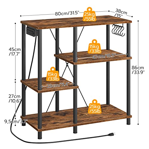 HOOBRO Bakers Rack with Power Outlet, Microwave Stand with 5 S-Shaped Hooks, Coffee Bar, Kitchen Storage Shelf, for Kitchen, Living Room, Rustic Brown and Black BF07UHB01