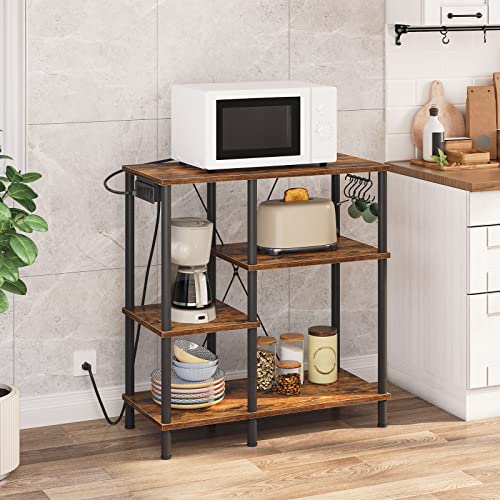 HOOBRO Bakers Rack with Power Outlet, Microwave Stand with 5 S-Shaped Hooks, Coffee Bar, Kitchen Storage Shelf, for Kitchen, Living Room, Rustic Brown and Black BF07UHB01