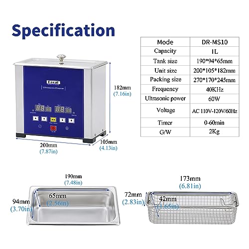 1L/0.26gal 60W Ultrasonic Eyeglasses Cleaner Longer and Wider Tank with Timer 0-60min and Heater 80 ℃ for Circuit Board Rings Eyeglasses Jewelry PCB Coin Razor BParts Silver Denture