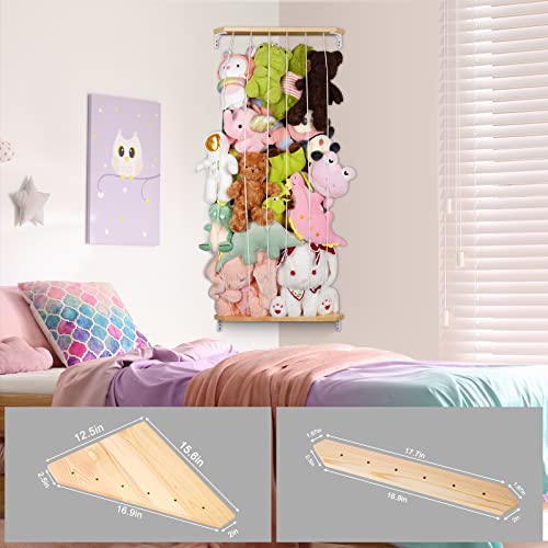 Telihel Stuffed Animal Storage Wood Soft Toy Shelf with Adjustable Length Large Corner Plush Toys Holder for Nursery Play Room Bedroom Kid Room (Natural)