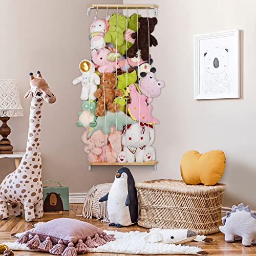 Telihel Stuffed Animal Storage Wood Soft Toy Shelf with Adjustable Length Large Corner Plush Toys Holder for Nursery Play Room Bedroom Kid Room (Natural)