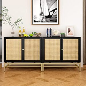 Goujxcy 2Pcs Rattan Sideboard Buffet Cabinet, Kitchen Storage Cabinet with Rattan Decorated Doors, Liquor Cabinet, Dining Room, Hallway, Cupboard Console Table, Accent Cabinet (Black1-2Pcs)