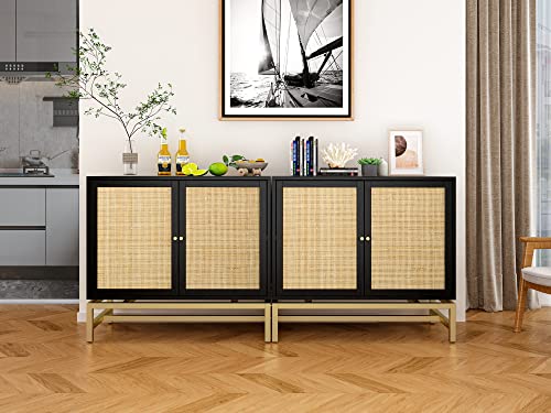 Goujxcy 2Pcs Rattan Sideboard Buffet Cabinet, Kitchen Storage Cabinet with Rattan Decorated Doors, Liquor Cabinet, Dining Room, Hallway, Cupboard Console Table, Accent Cabinet (Black1-2Pcs)