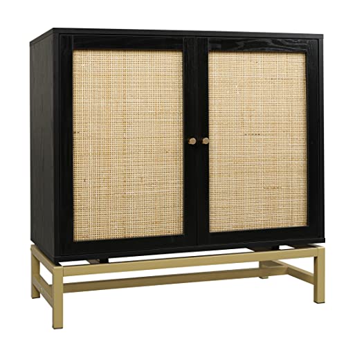 Goujxcy 2Pcs Rattan Sideboard Buffet Cabinet, Kitchen Storage Cabinet with Rattan Decorated Doors, Liquor Cabinet, Dining Room, Hallway, Cupboard Console Table, Accent Cabinet (Black1-2Pcs)