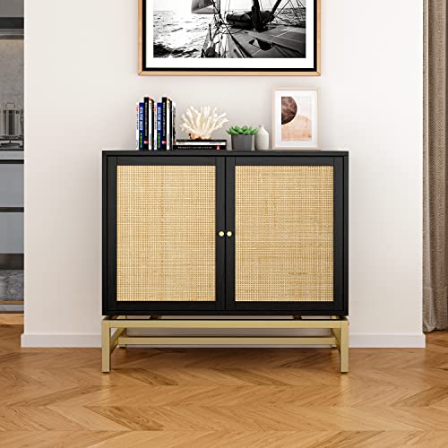 Goujxcy 2Pcs Rattan Sideboard Buffet Cabinet, Kitchen Storage Cabinet with Rattan Decorated Doors, Liquor Cabinet, Dining Room, Hallway, Cupboard Console Table, Accent Cabinet (Black1-2Pcs)