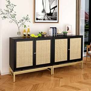 Goujxcy 2Pcs Rattan Sideboard Buffet Cabinet, Kitchen Storage Cabinet with Rattan Decorated Doors, Liquor Cabinet, Dining Room, Hallway, Cupboard Console Table, Accent Cabinet (Black1-2Pcs)