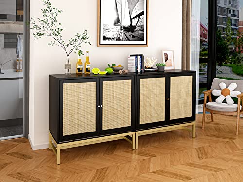 Goujxcy 2Pcs Rattan Sideboard Buffet Cabinet, Kitchen Storage Cabinet with Rattan Decorated Doors, Liquor Cabinet, Dining Room, Hallway, Cupboard Console Table, Accent Cabinet (Black1-2Pcs)