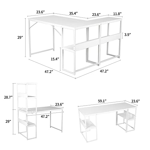 UNICOO – Muti-Function 3 Combination Computer Desk. L Shaped Computer Desk with Shelves, Study Desk with Reversible Storage Shelves for Home Office (XJH-2402 - White)