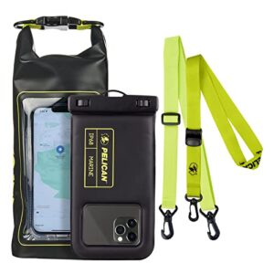 pelican - marine series - ip68 waterproof floating pouch + roll top dry bag (2l) - black/hi vis yellow